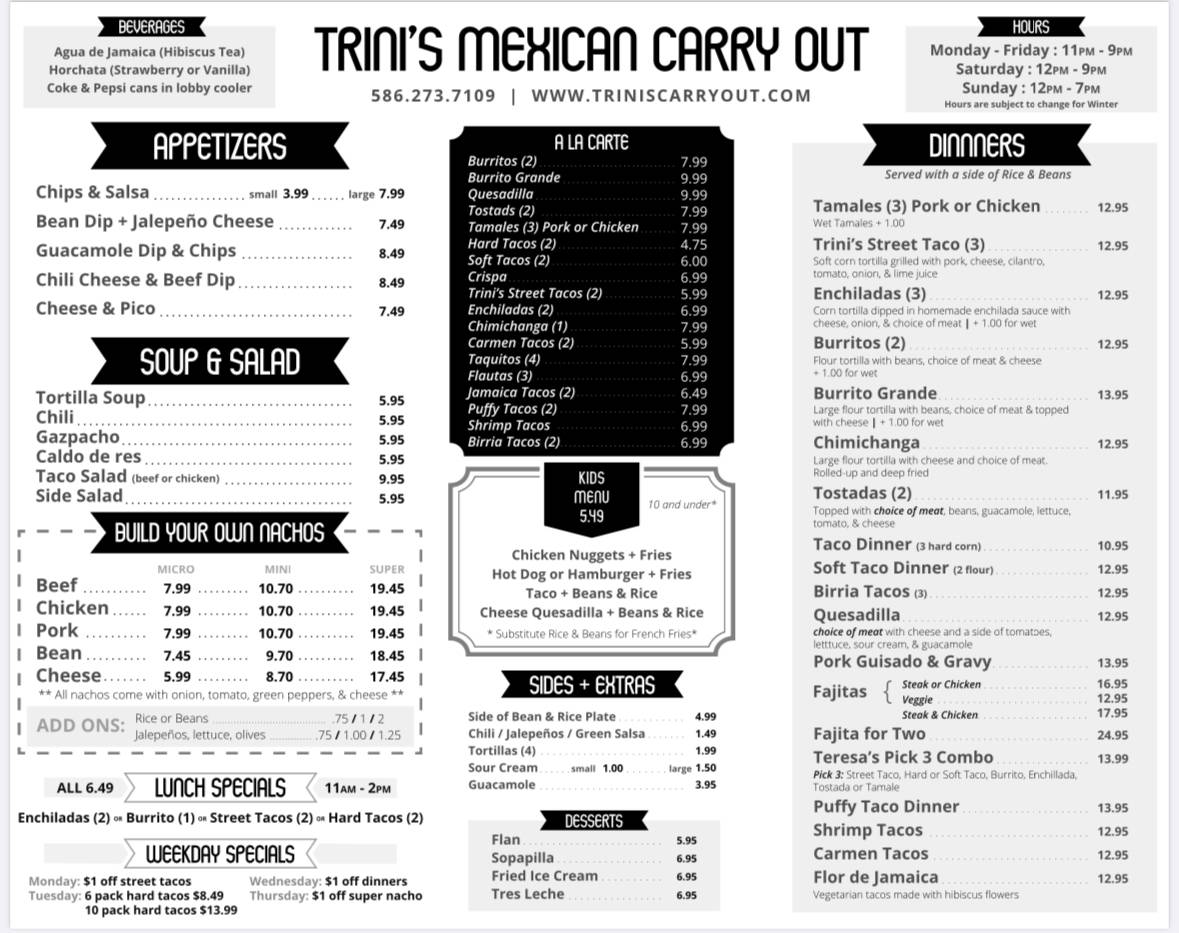 Menu at Trini's Mexican Carryout restaurant, New Baltimore