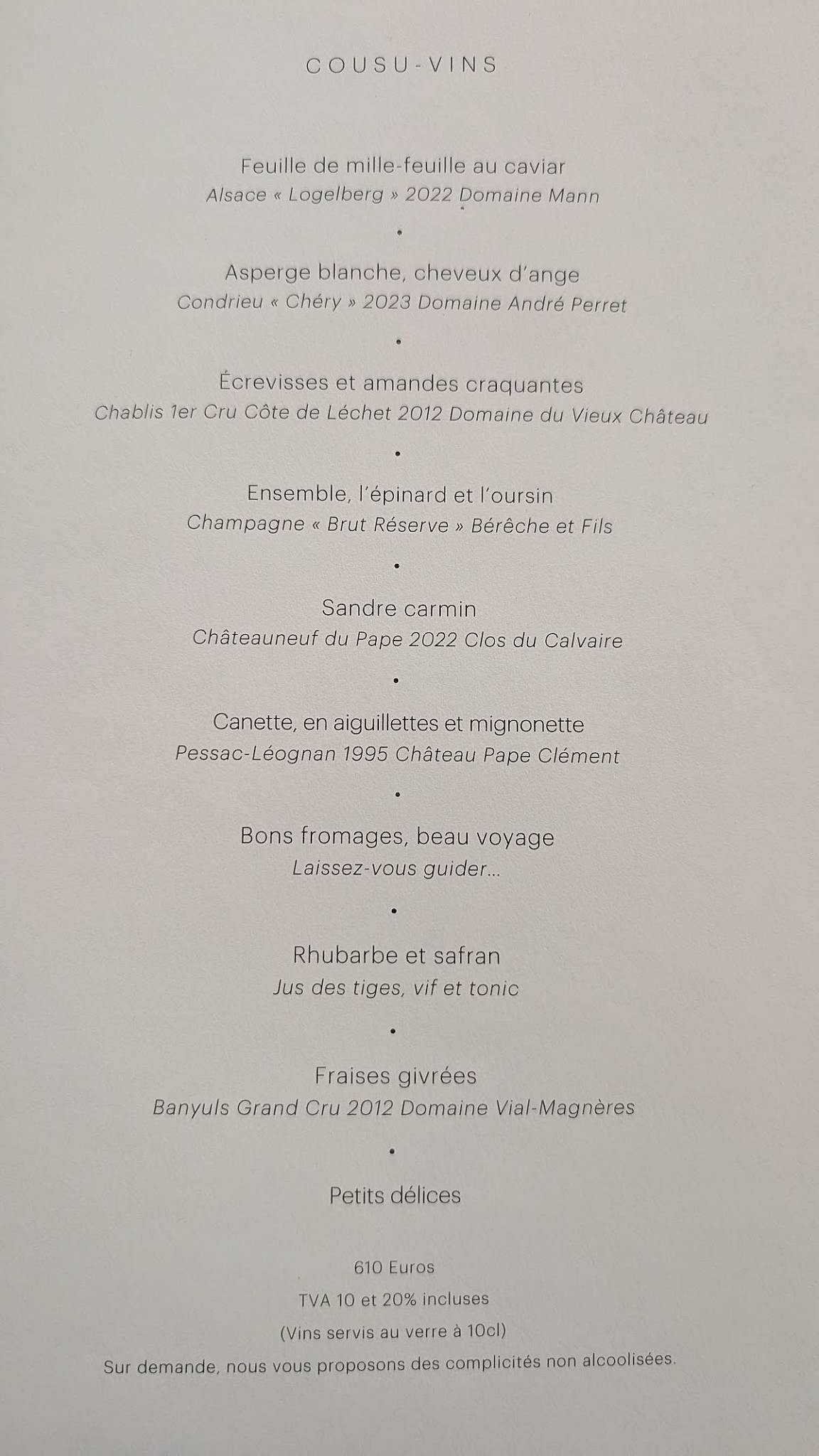 Carta del restaurante Troisgros, Ouches