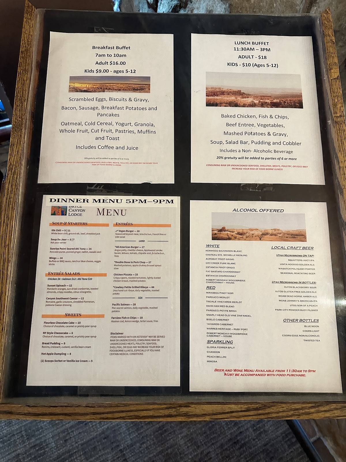 Menu at Dining Room at The Lodge at Bryce Canyon restaurant, Tropic