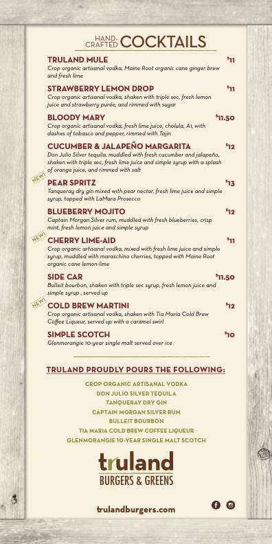 Carta del pub y bar Truland Burgers & Greens Tucson, Tucson