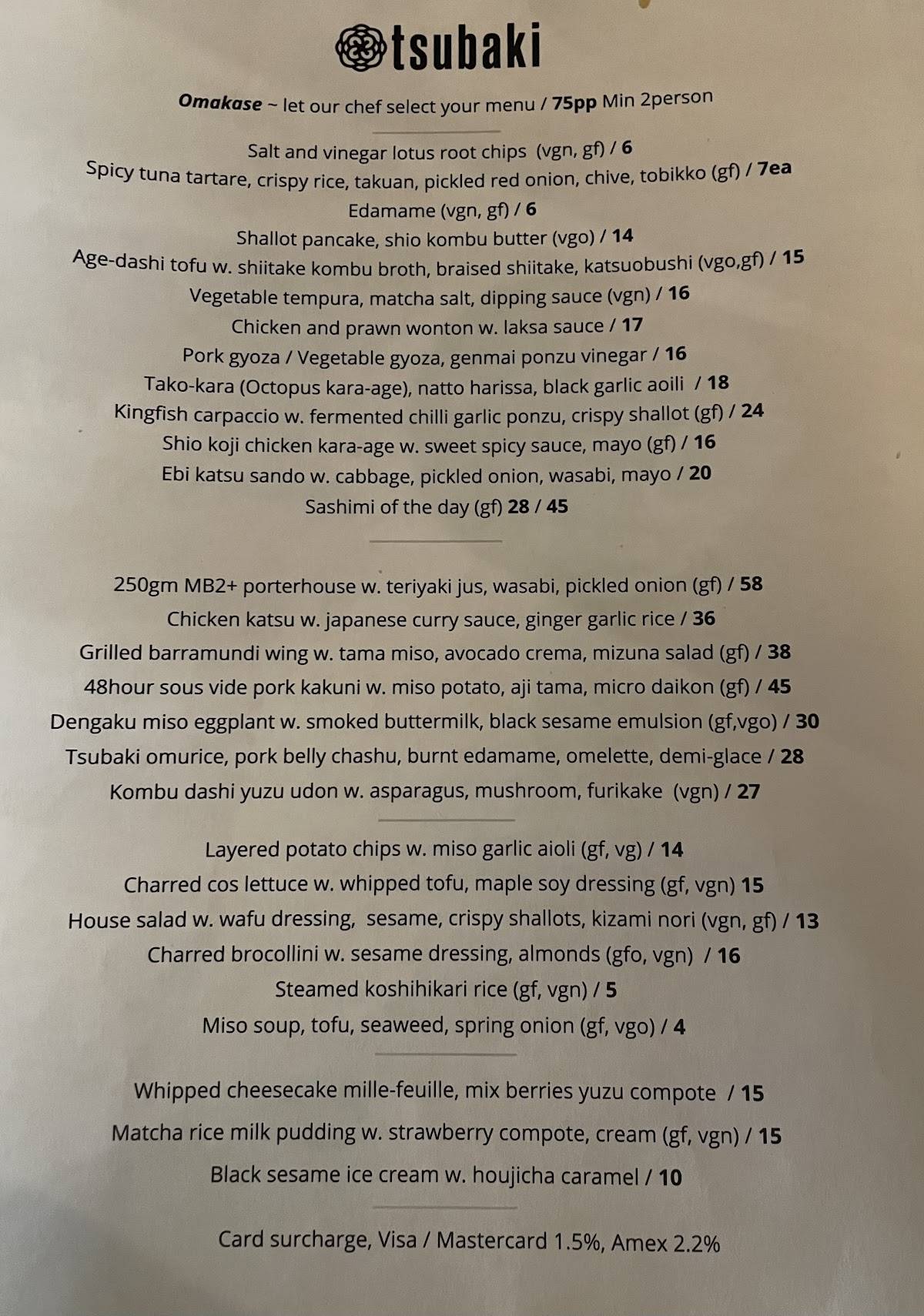 Menu at Tsubaki restaurant, Beulah Park