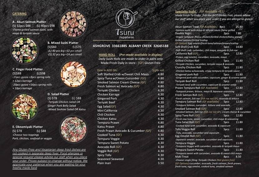 Menu at Tsuru Japanese Ashgrove restaurant, Ashgrove, 8/16 Ashgrove Ave