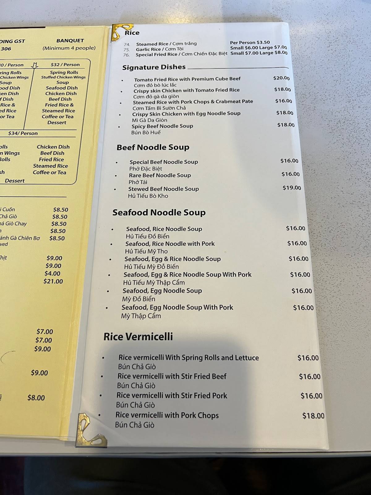 Menu at Tu Do Vietnamese Restaurant, O'Connor