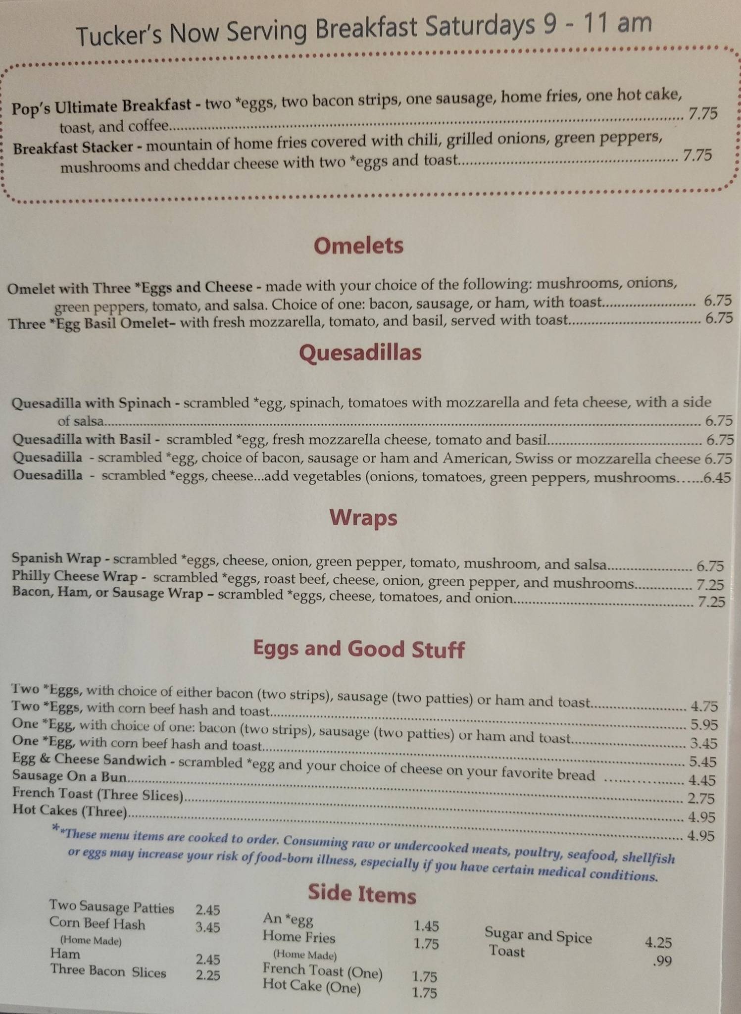 Menu at Tucker's Cafe, Boone