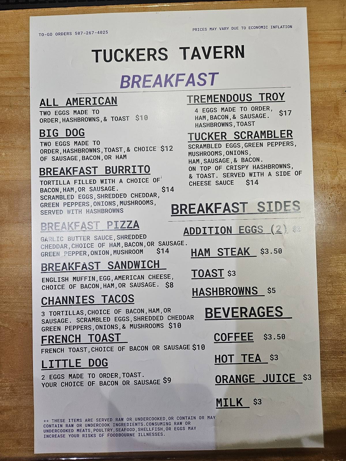Menu at Tucker's Tavern pub & bar, Elysian