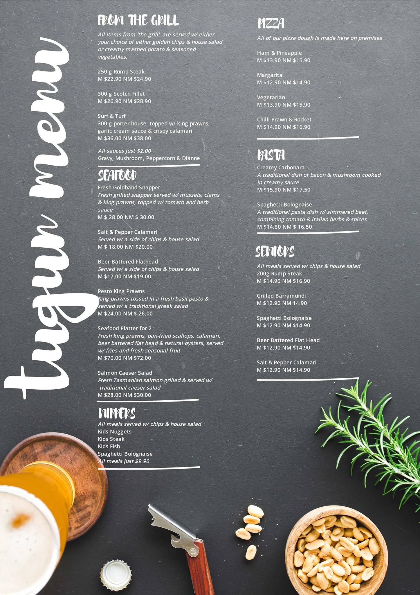 Menu at Tugun Surf Life Saving Club, Tugun