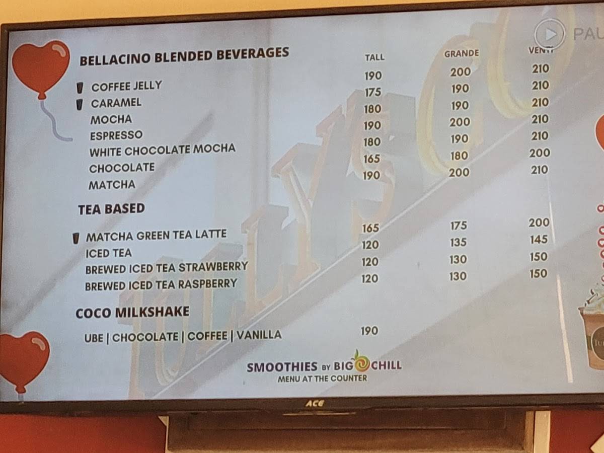 Menu at Tully's Coffee cafe, Pasig