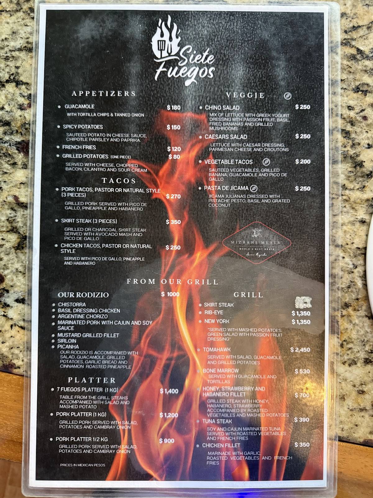 Menu at Siete Fuegos Tulum restaurant, Tulum