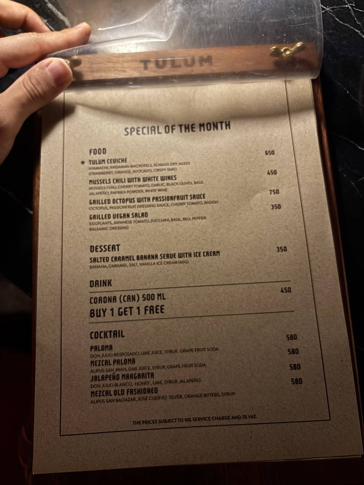 Menu at Tulum Skybar, Bangkok