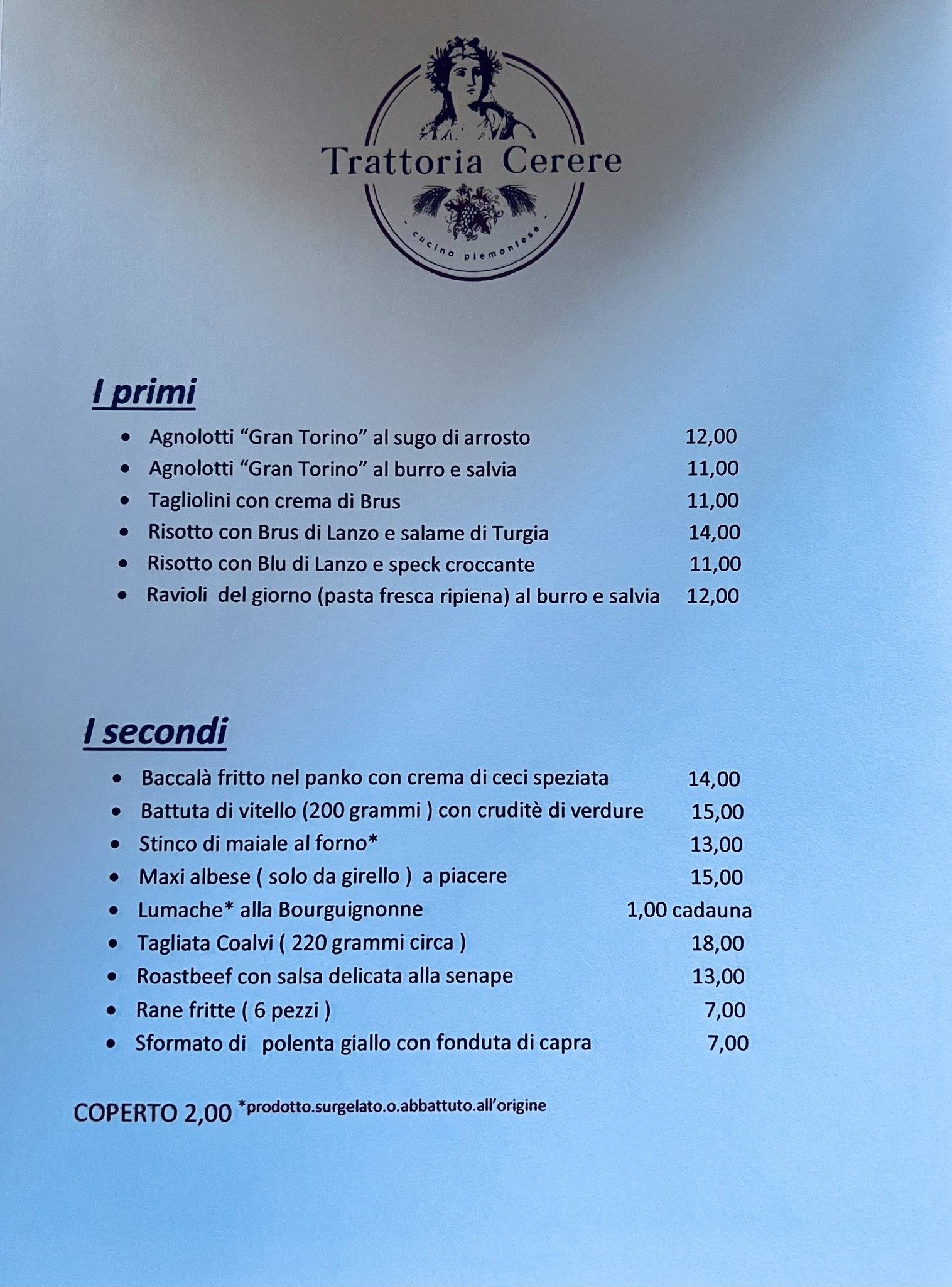 Menu at Trattoria Cerere restaurant, Turin