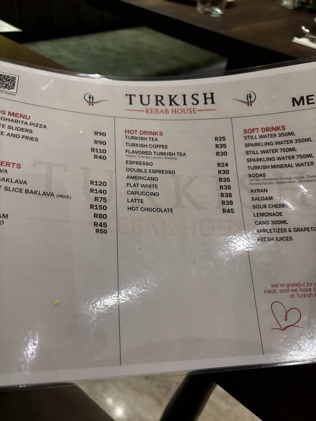 Menu at Turkish Kebab House Rosebank restaurant, Johannesburg