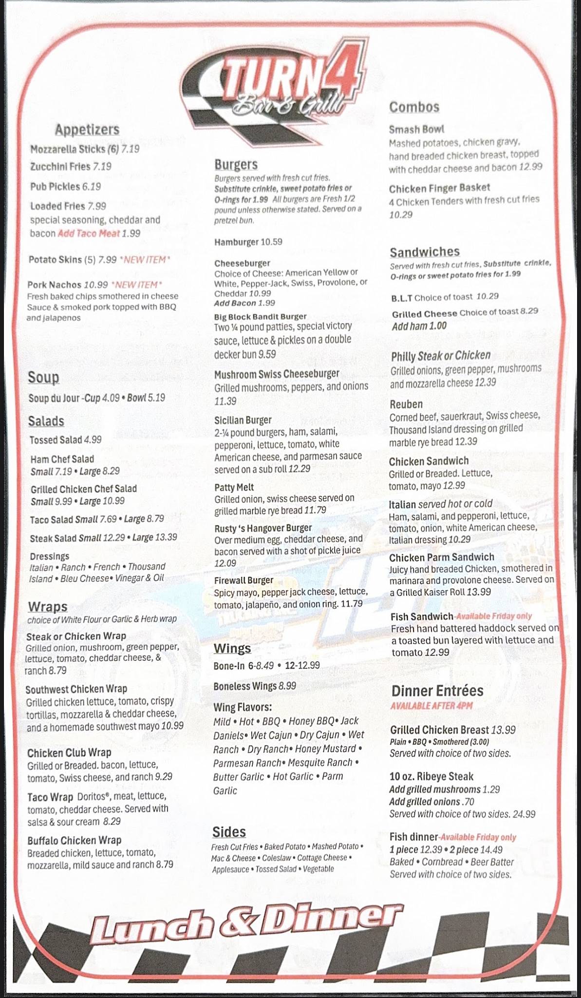 Menu at Turn 4 Bar & Grill, Orwell