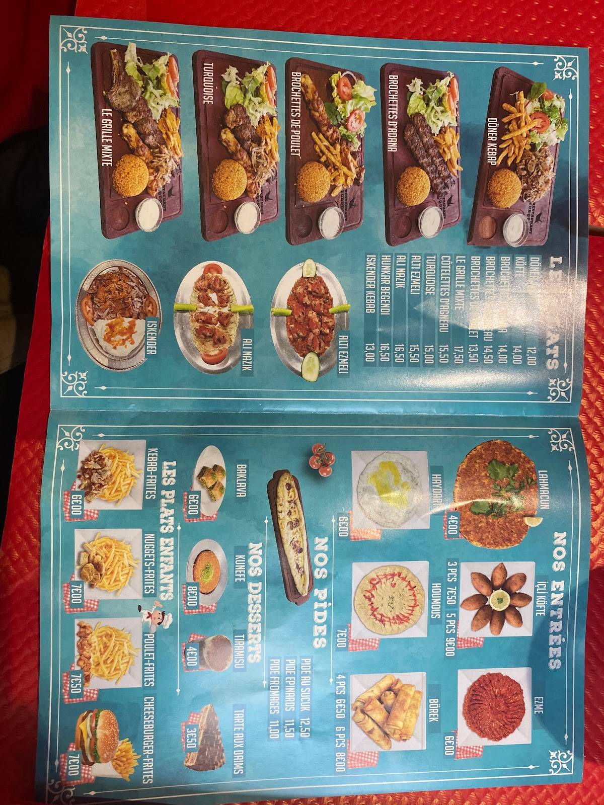 Menu au Turquoise restaurant, Antony