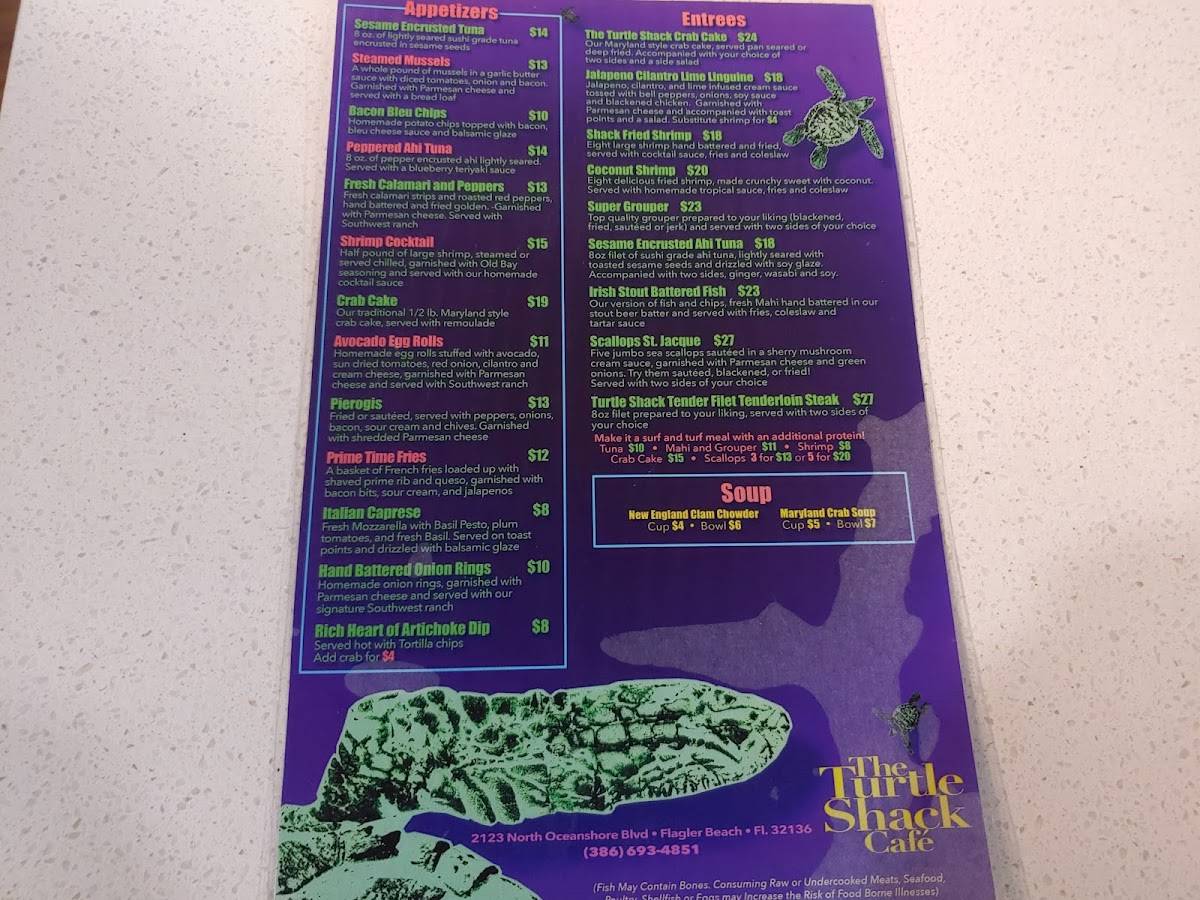Menu at Turtle Shack Cafe, Flagler Beach