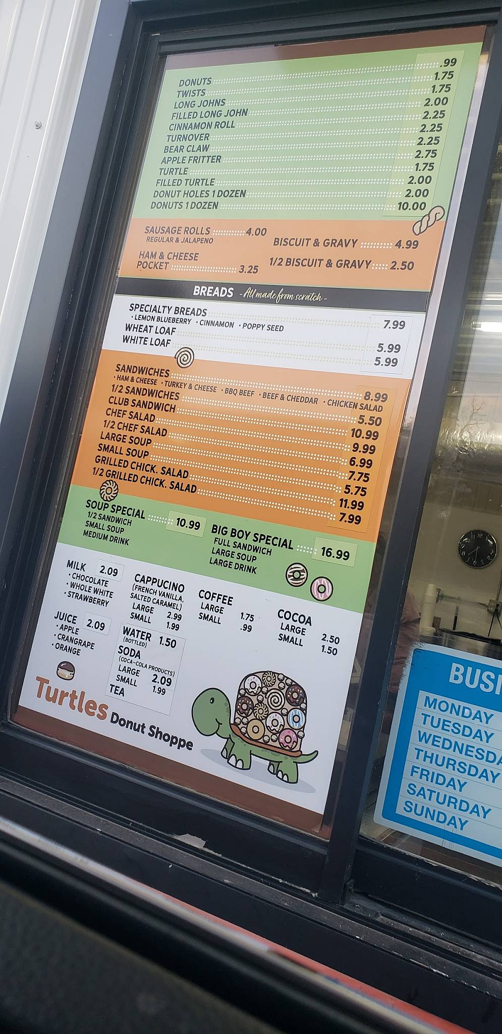 Menu at Turtle's Donut Shoppe restaurant, Ponca City