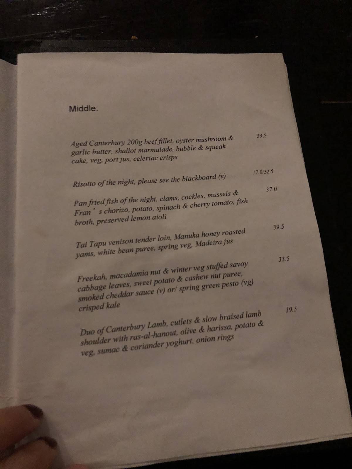 Menu at Twenty Seven Steps restaurant, Christchurch