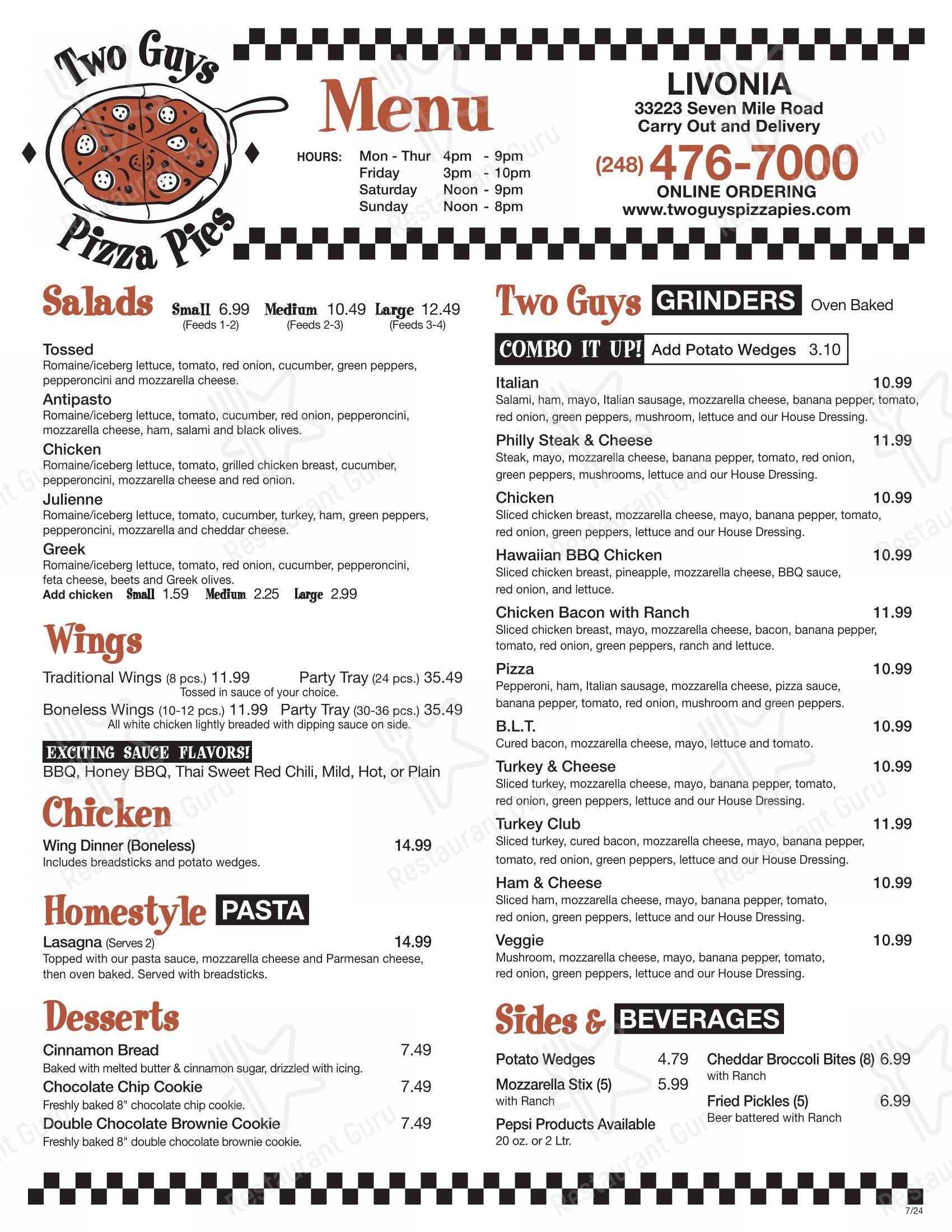 Menu at Two Guys Pizza Pies pizzeria, Livonia