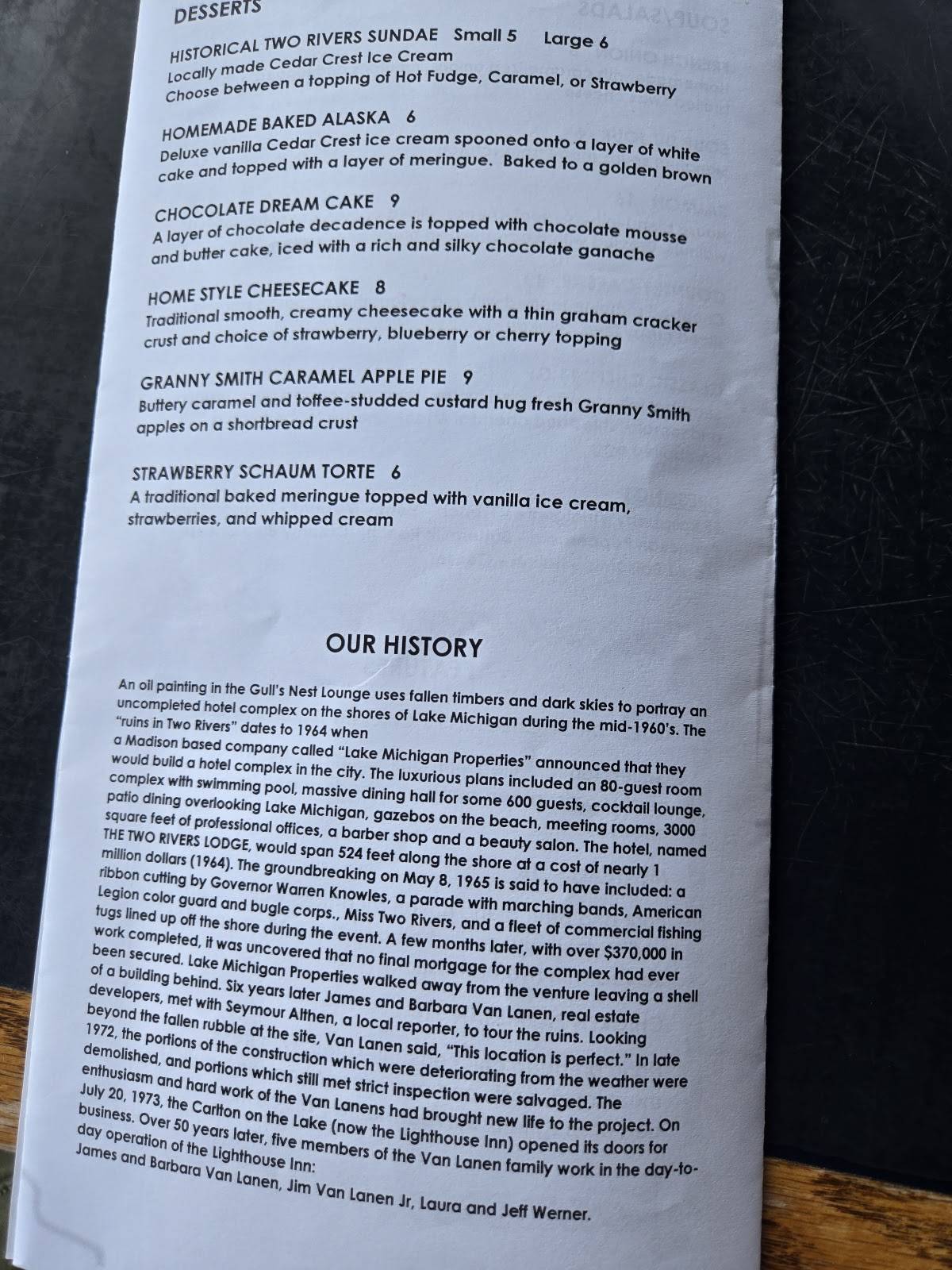 Menu at Water's Edge Restaurant, Two Rivers, Memorial Dr