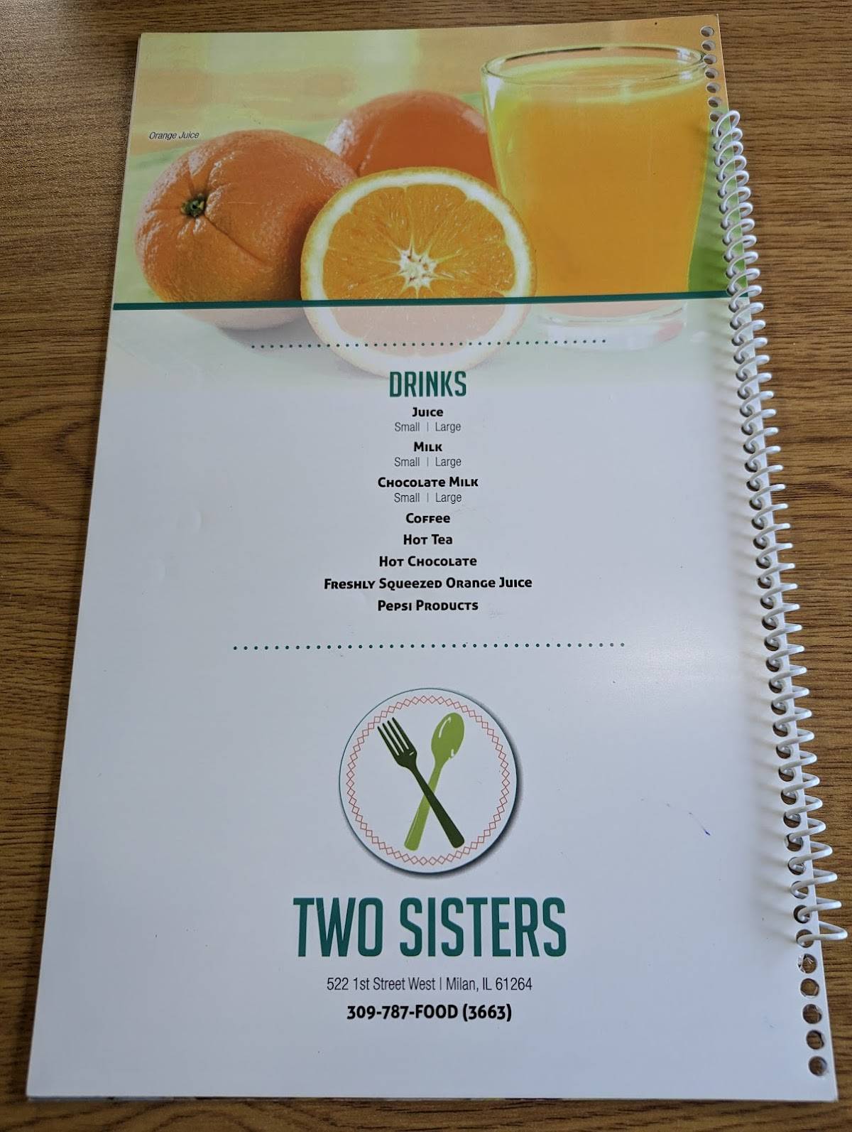 Menu at Two Sisters Restaurant, Milan