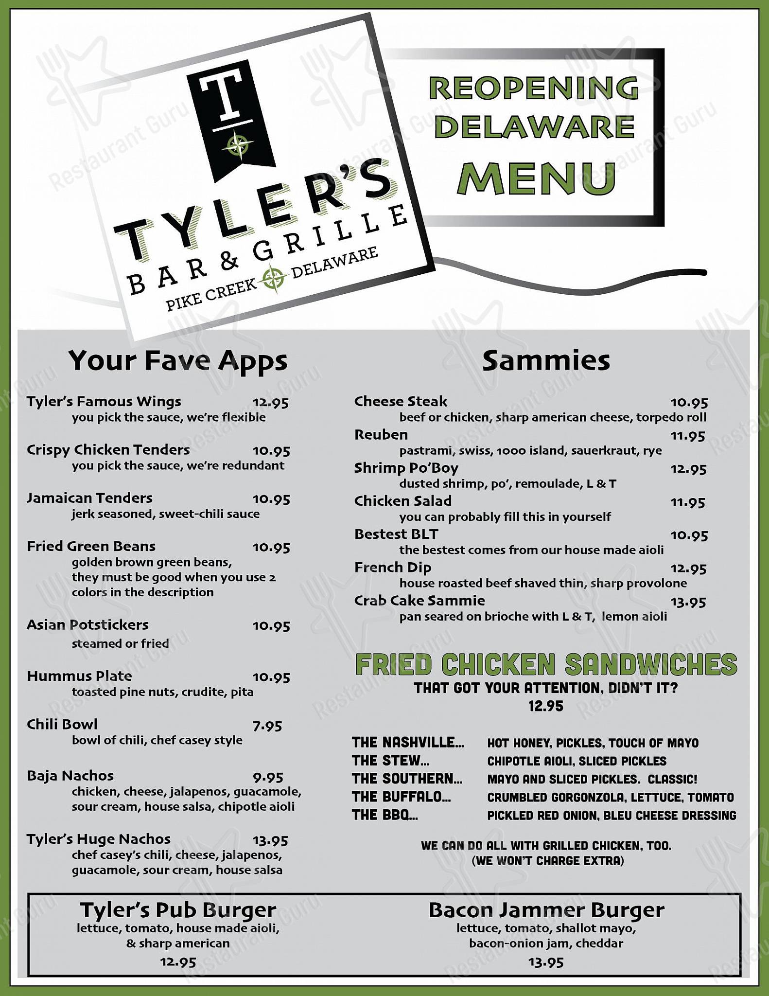 Menu at Tyler's Bar & Grille, Pike Creek