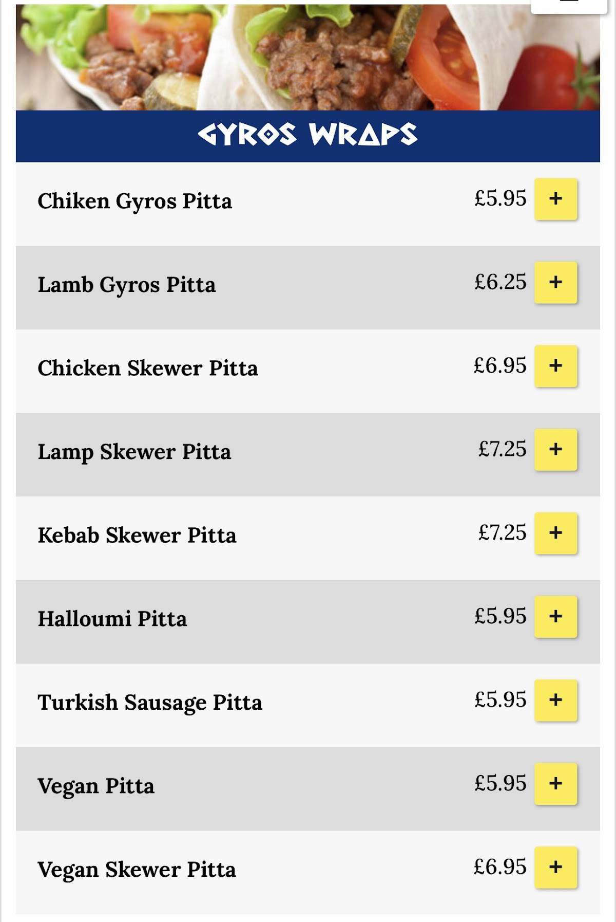 Menu at Tzatziki, Greek street food restaurant, Oxford
