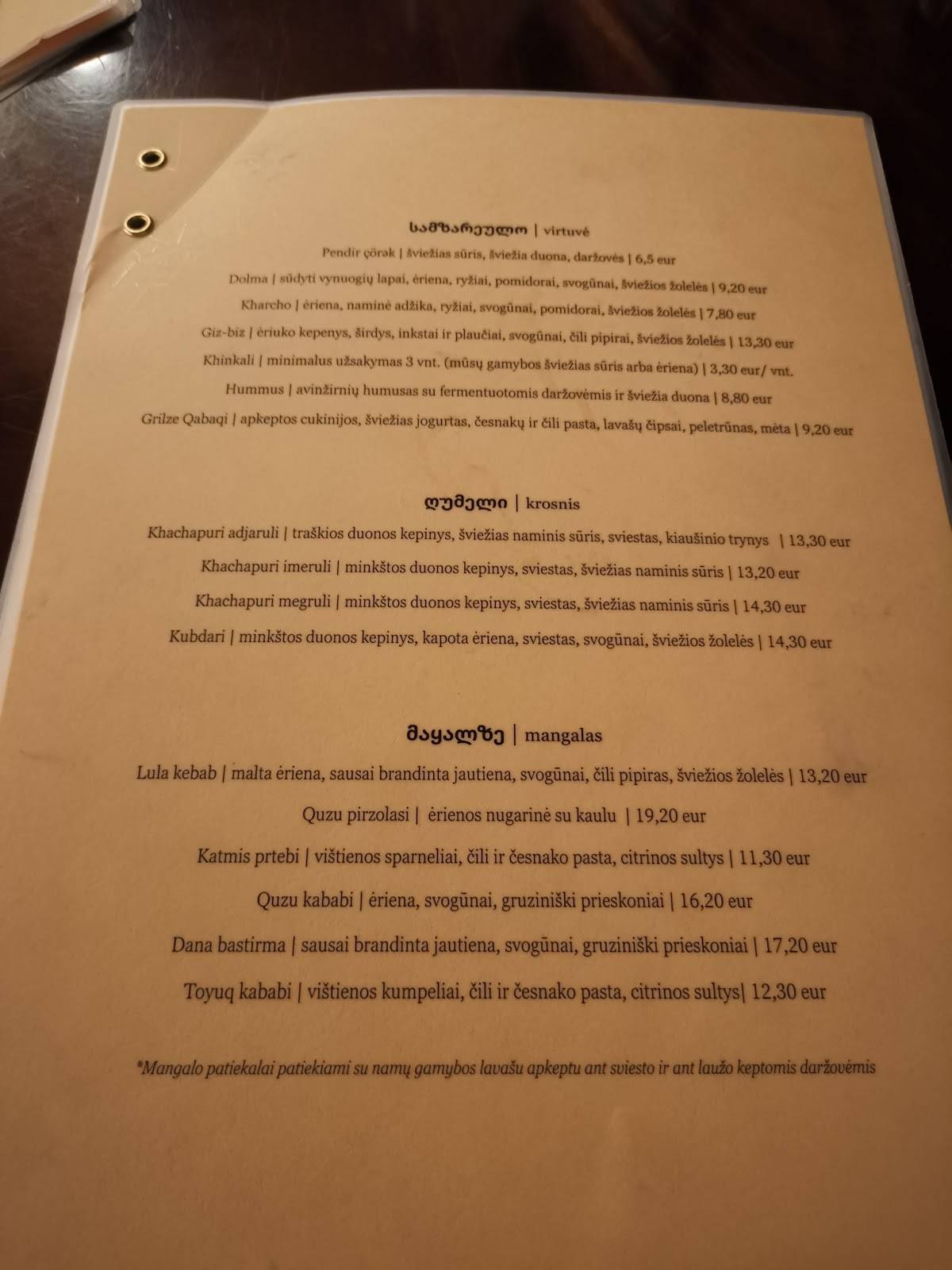 Menu at UGRUZINA restaurant, Vilnius, Kalvarijų g. 59A-1