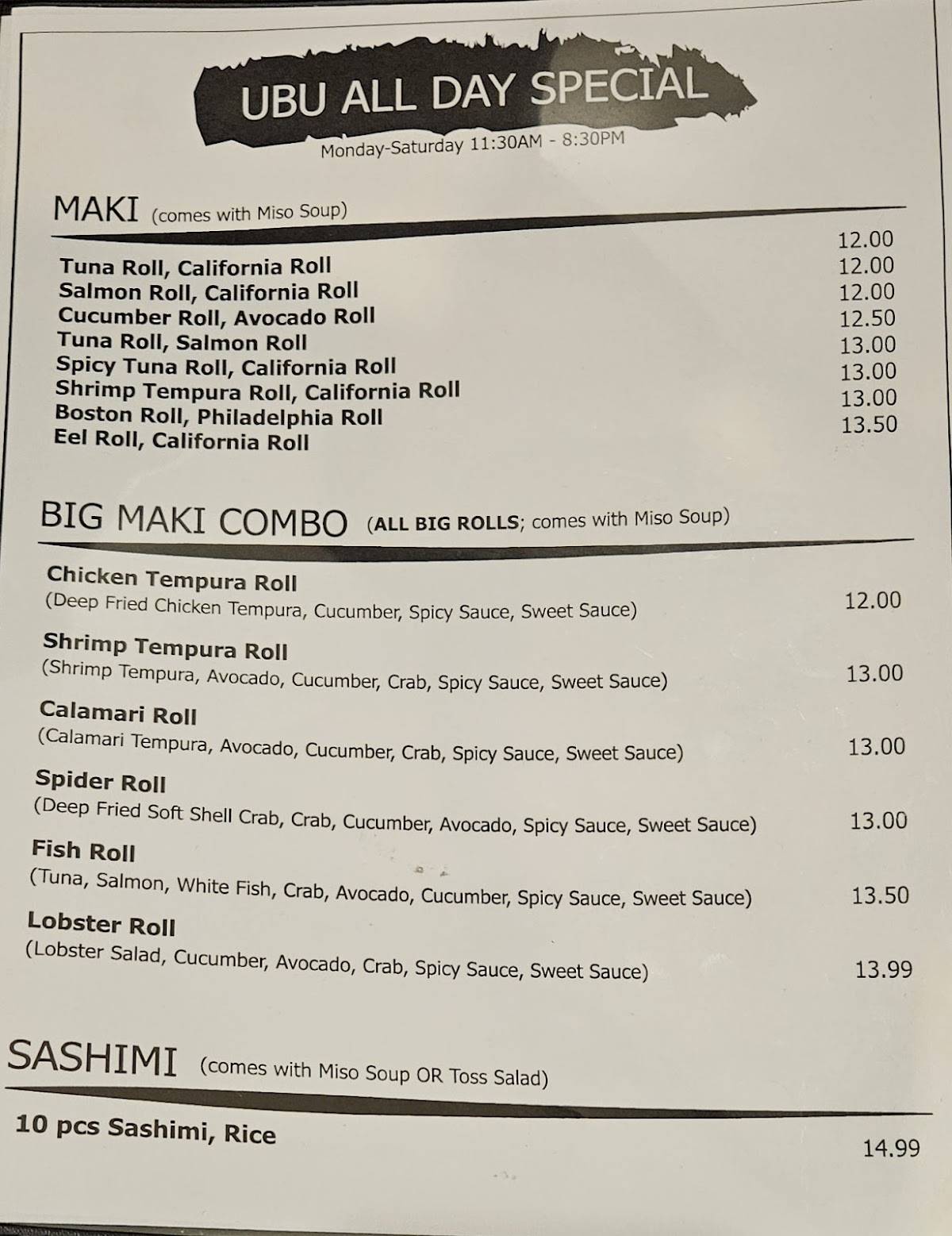 Menu at Ubu restaurant, Hoboken