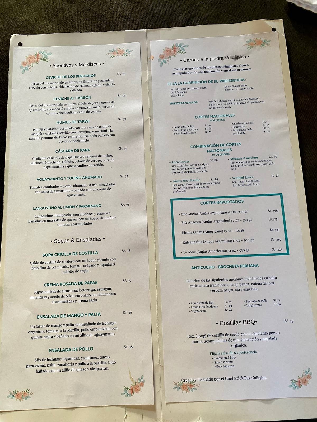 Carta de Uchu Peruvian Steakhouse, Cusco