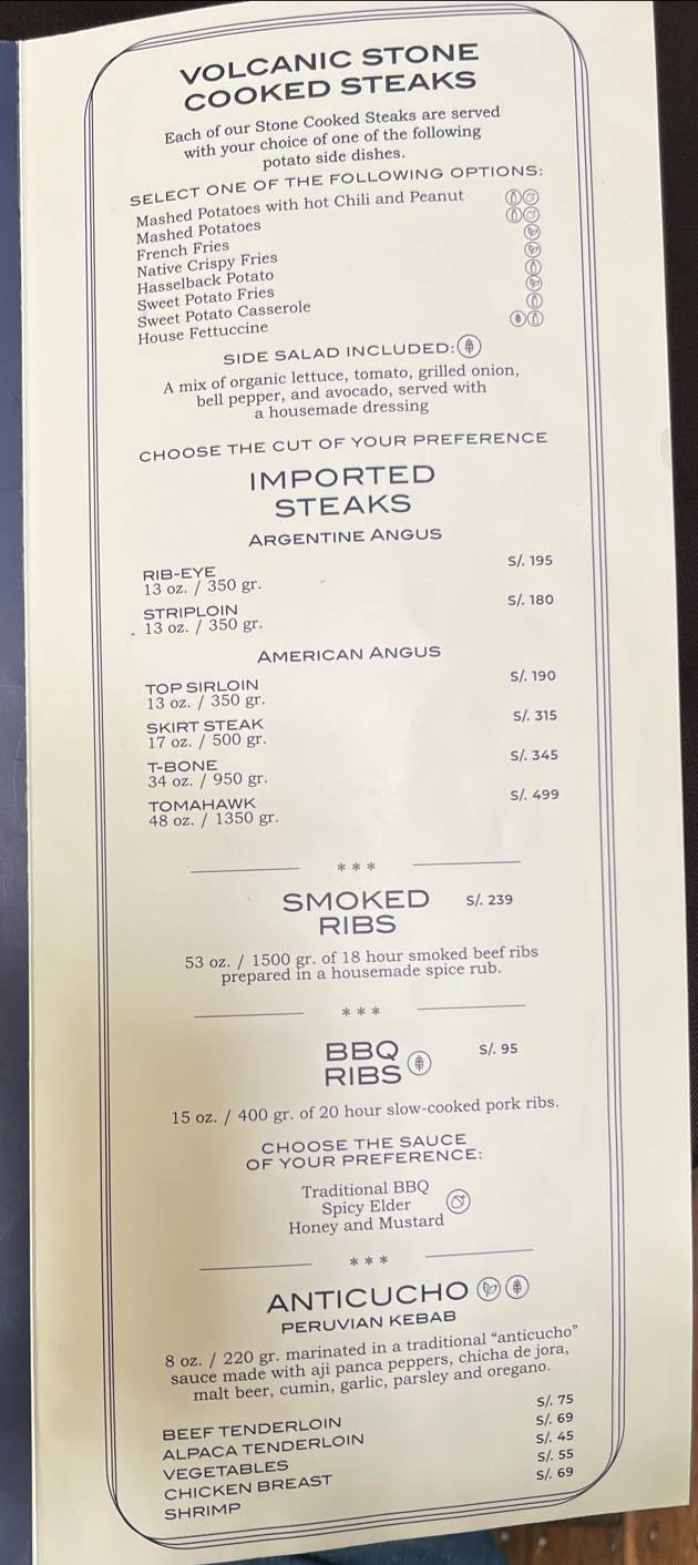 Menu at Uchu Peruvian Steakhouse, Cusco