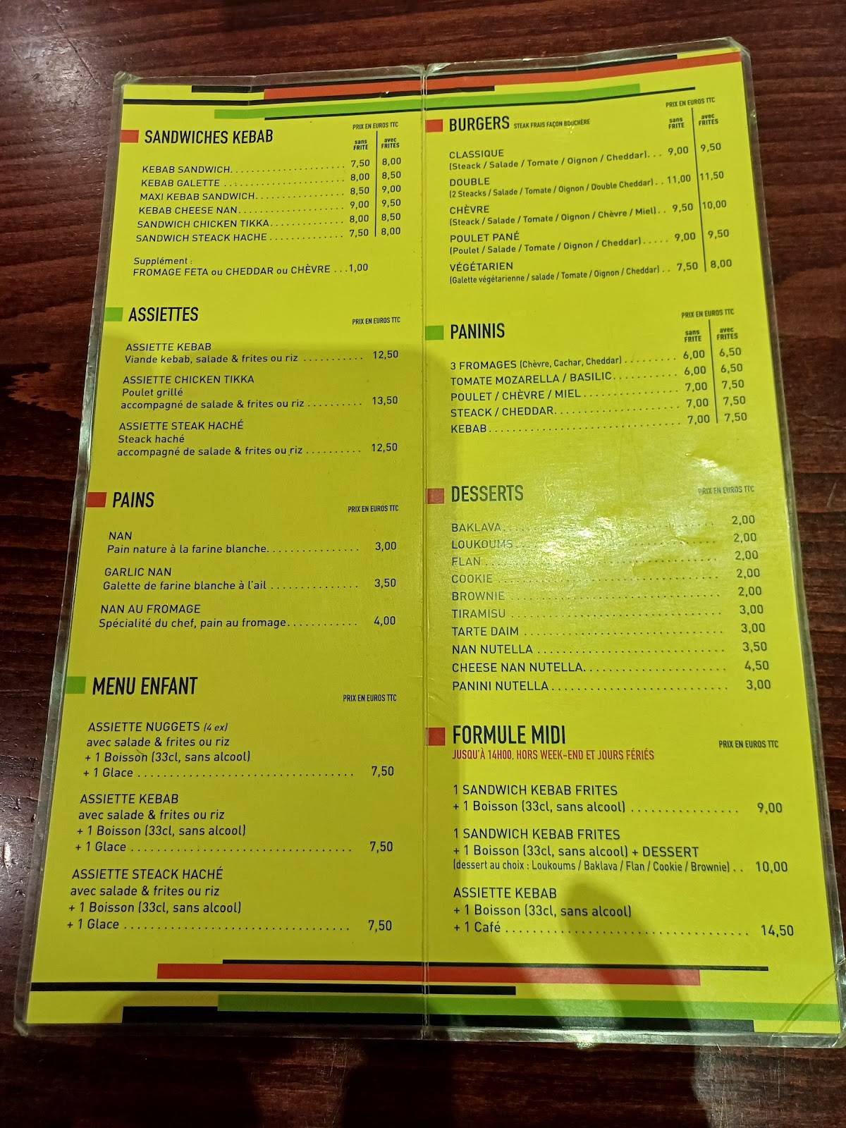 Menu au Umut Kebab restaurant, Dol-de-Bretagne