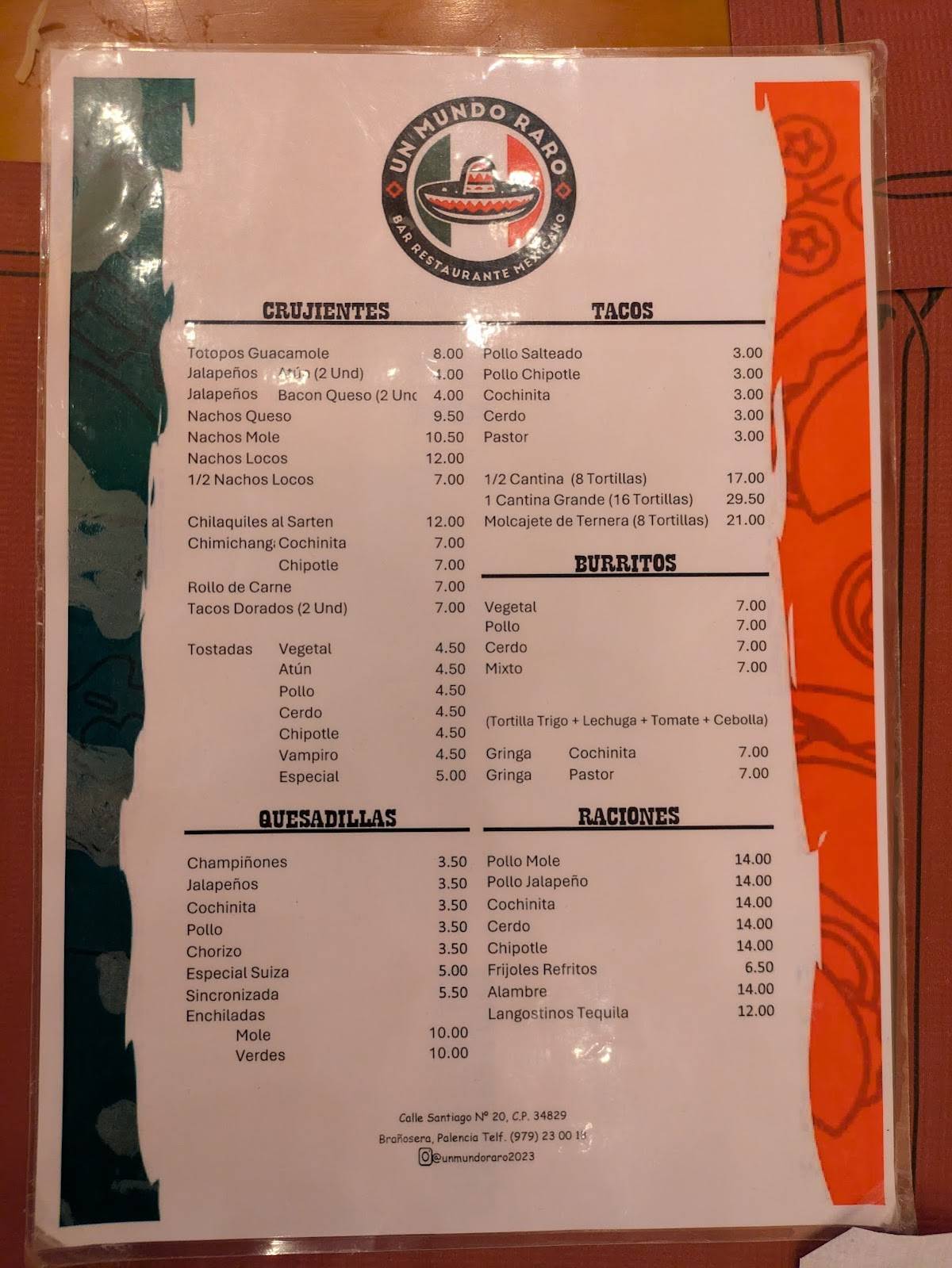 Menu at Un Mundo Raro Restaurante Mexicano, Brañosera
