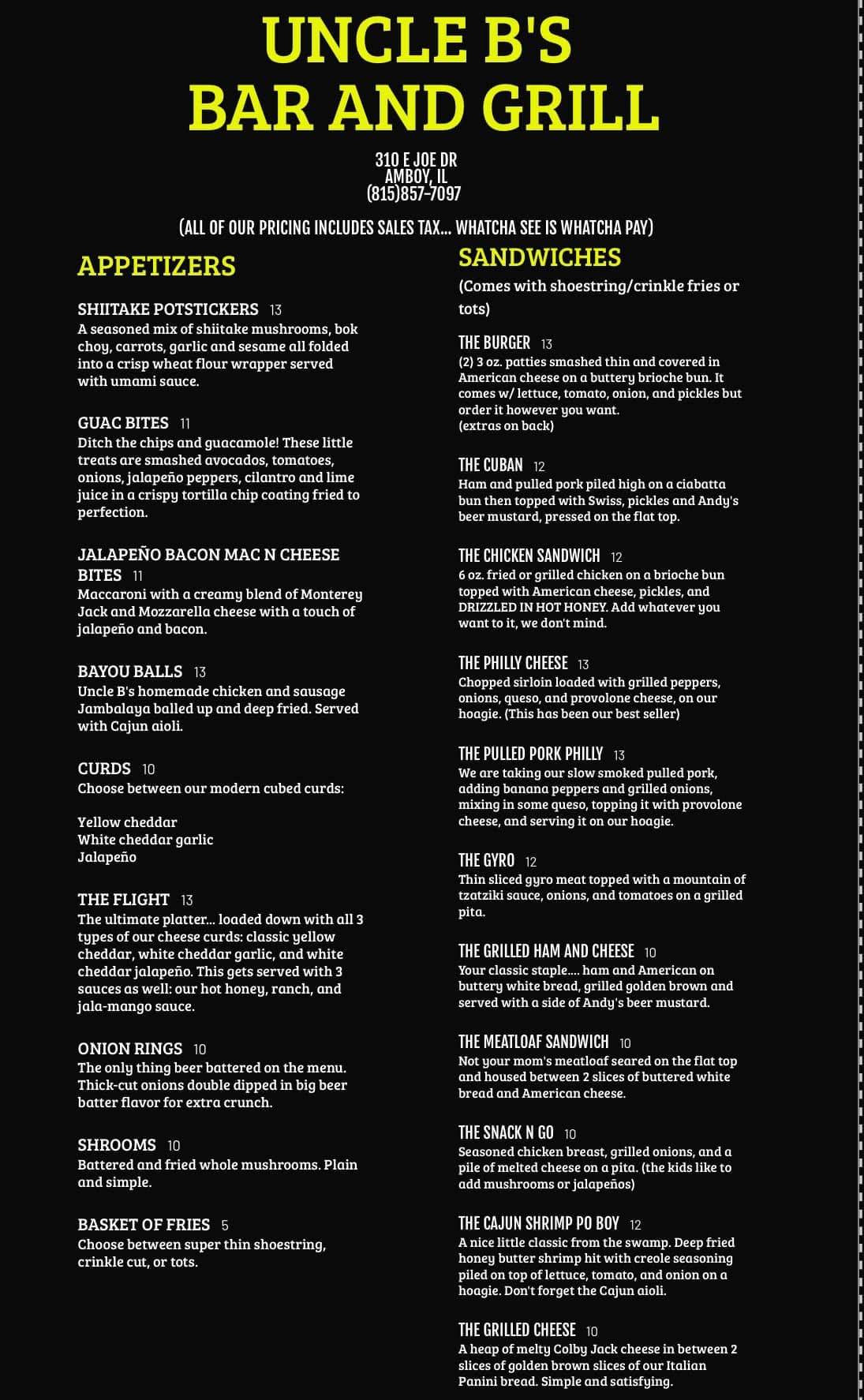 Menu at Uncle B’s Bar And Grill, Amboy