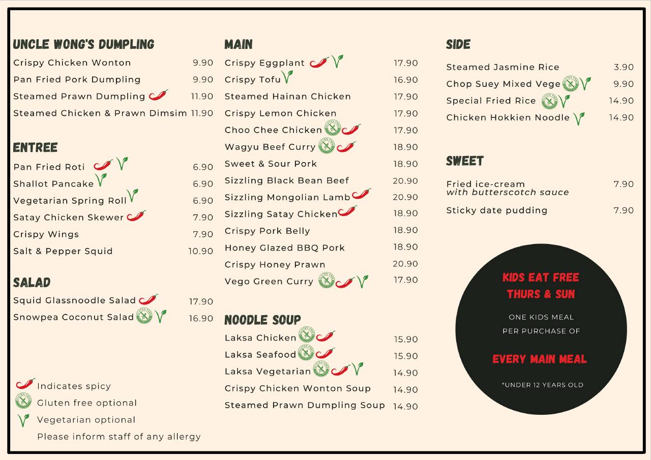 Menu at Uncle Wong Kitchen Mt Barker, Mount Barker