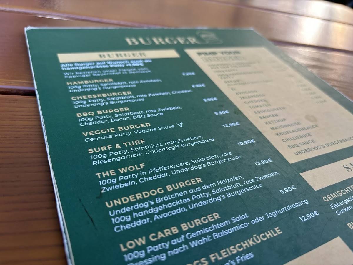 Menu at Underdog Burger restaurant, Stuttgart