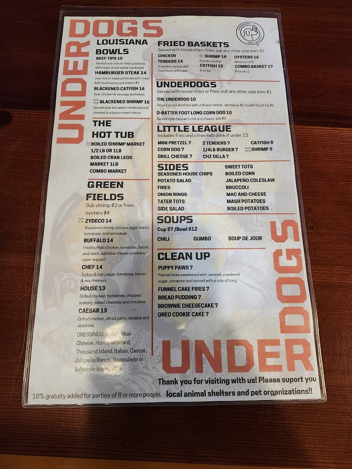 Menu at Underdogs Grill & Chill restaurant, West Monroe