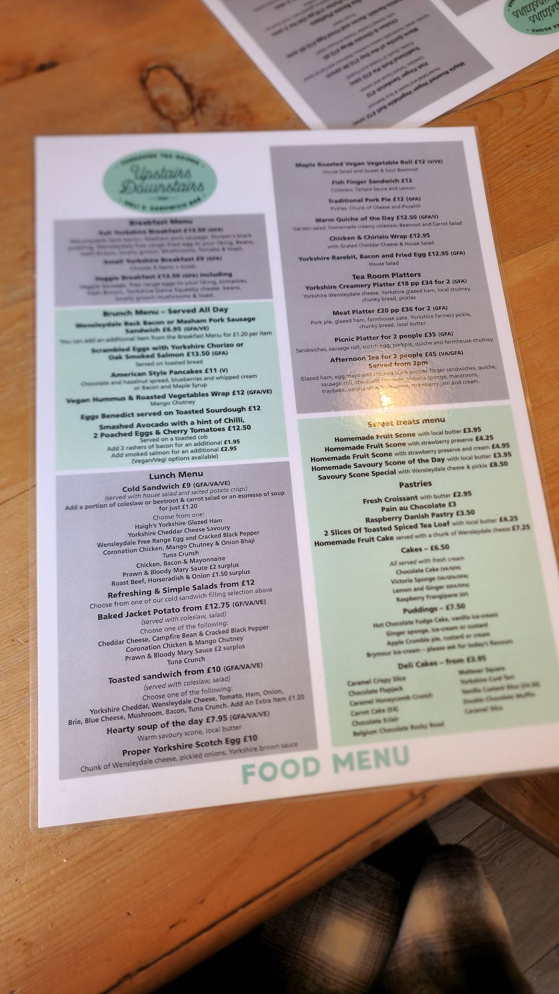 Menu at Upstairs Downstairs cafe, Thirsk