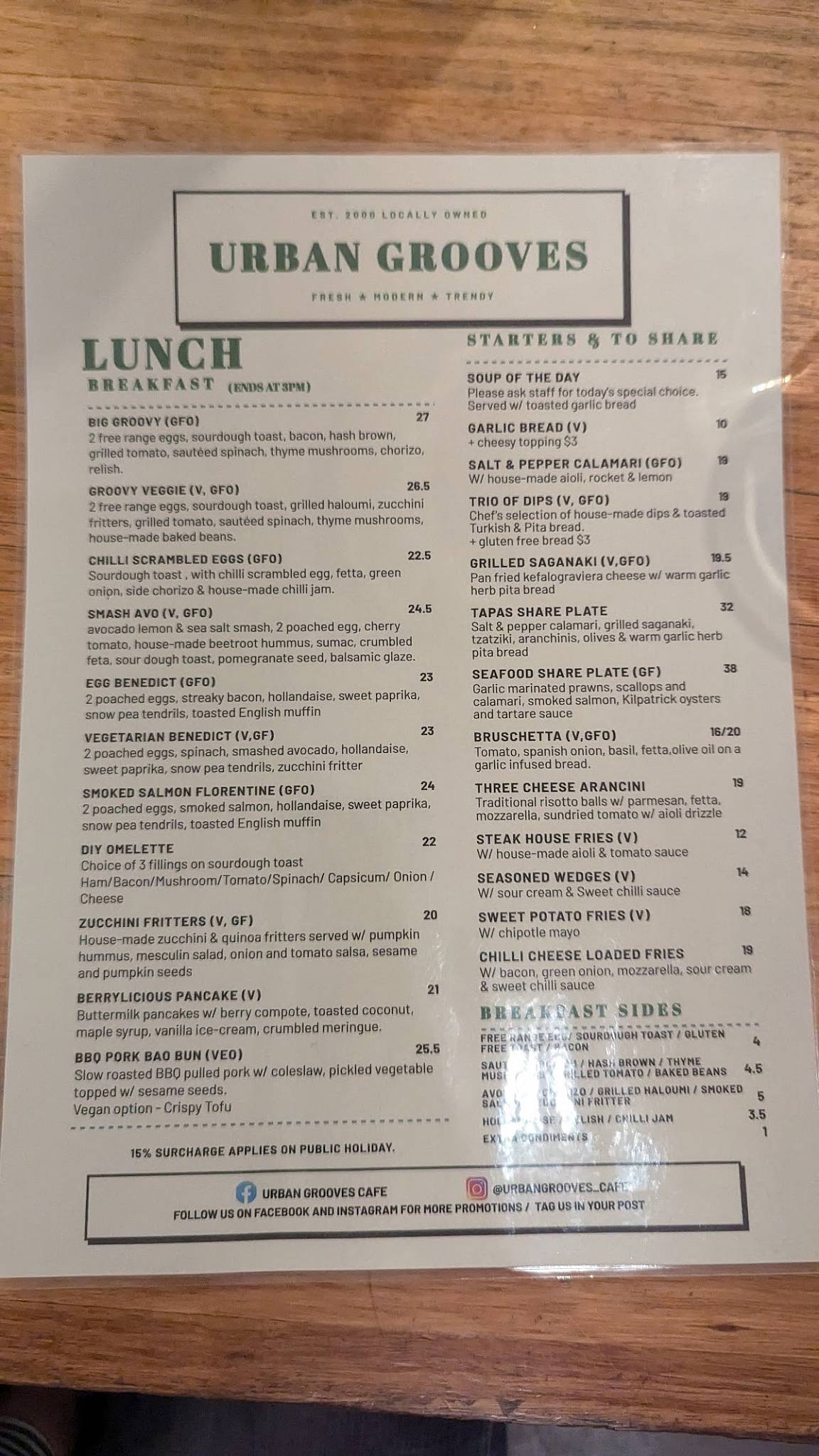 Menu at Urban Grooves restaurant, Greensborough, 99 Grimshaw St