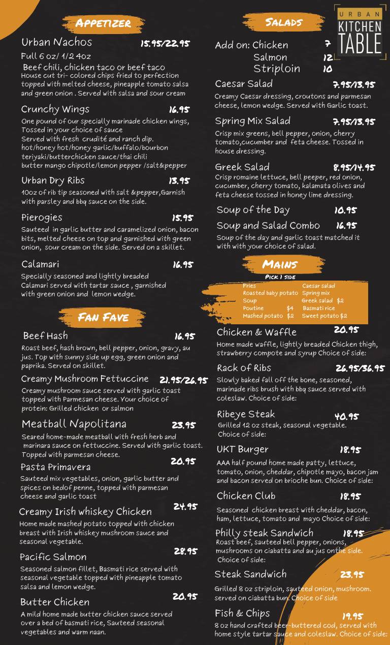 Menu at Urban Kitchen Table pub & bar, Fort McMurray