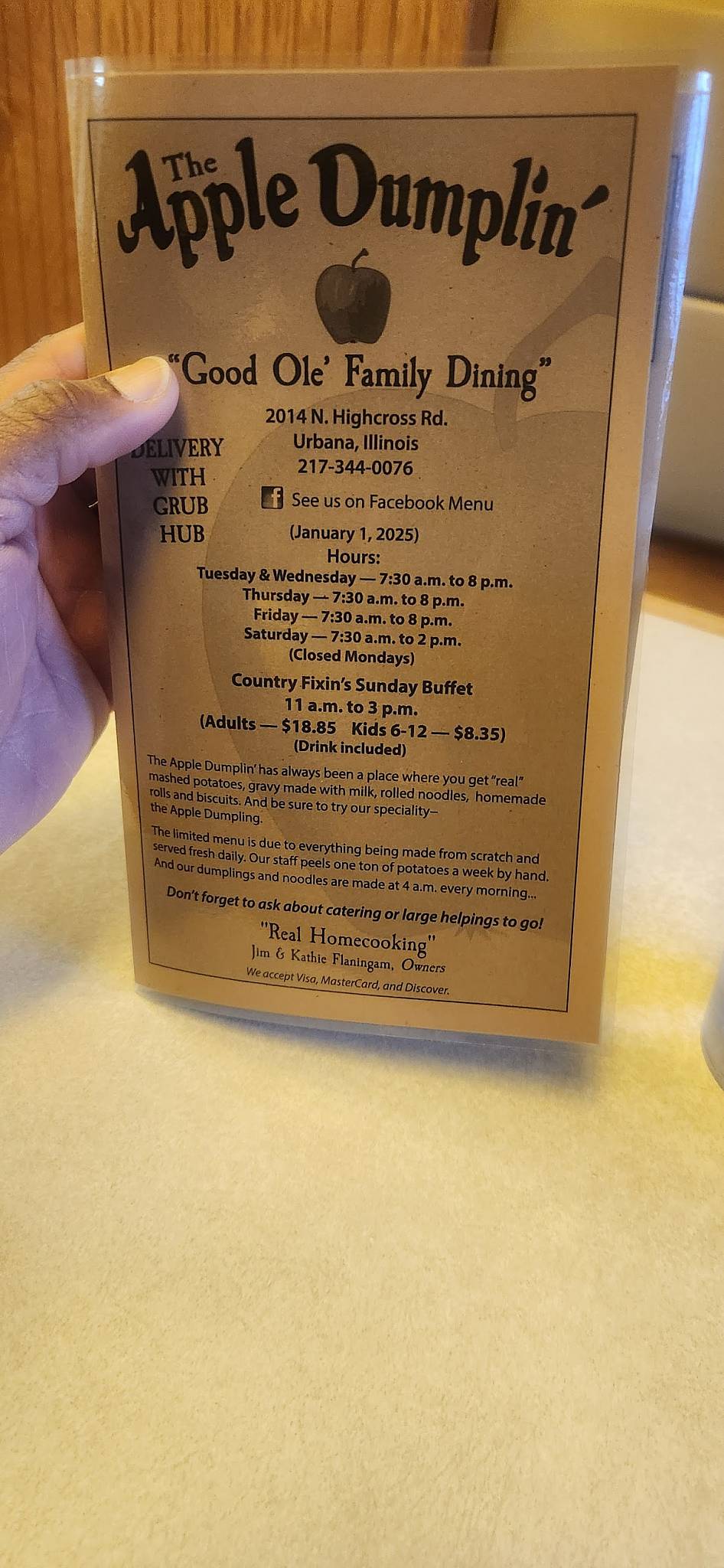 Menu at The Apple Dumplin' restaurant, Urbana
