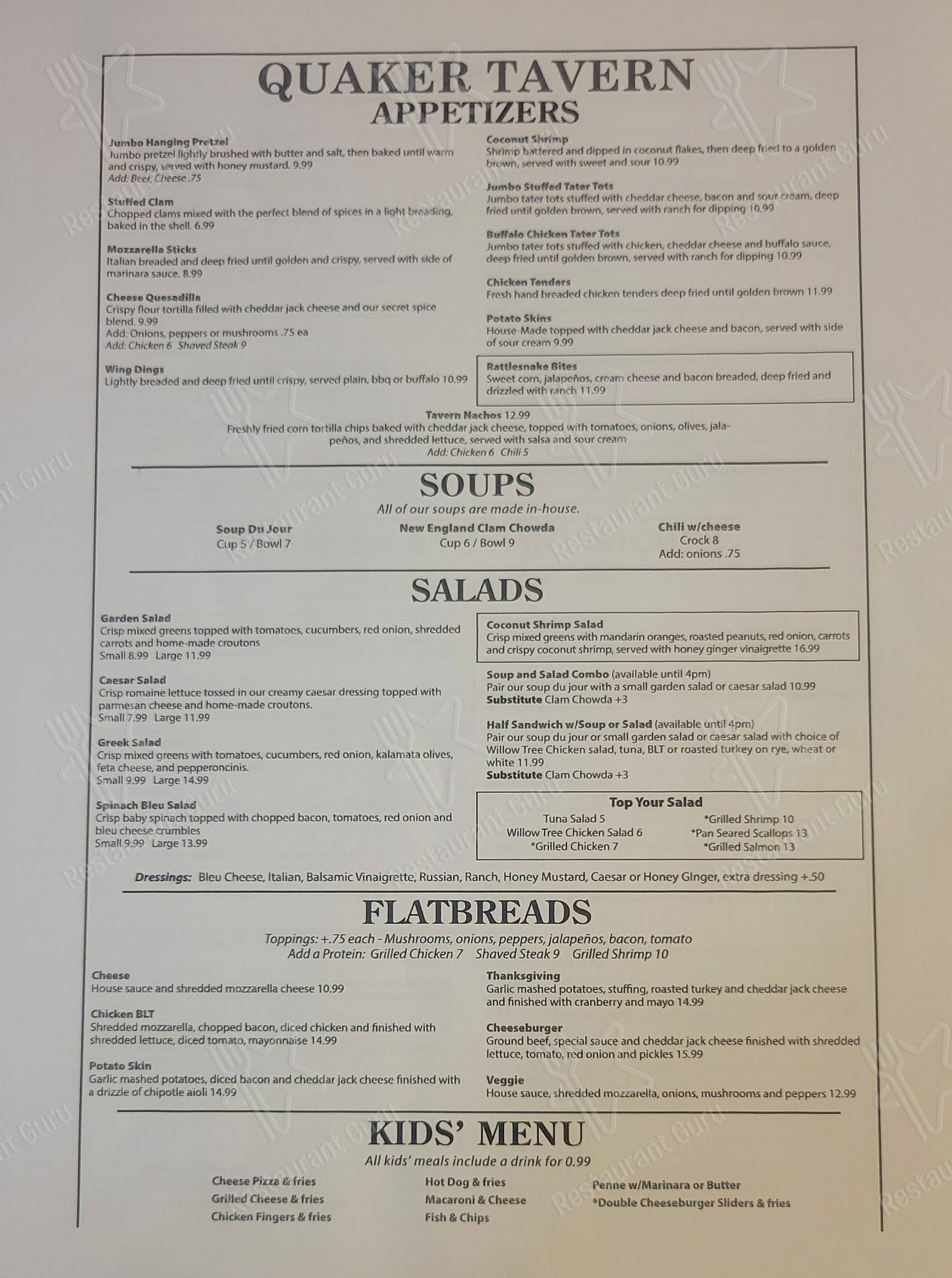 Menu at Quaker Tavern restaurant, Uxbridge, 466 Quaker Hwy #1603