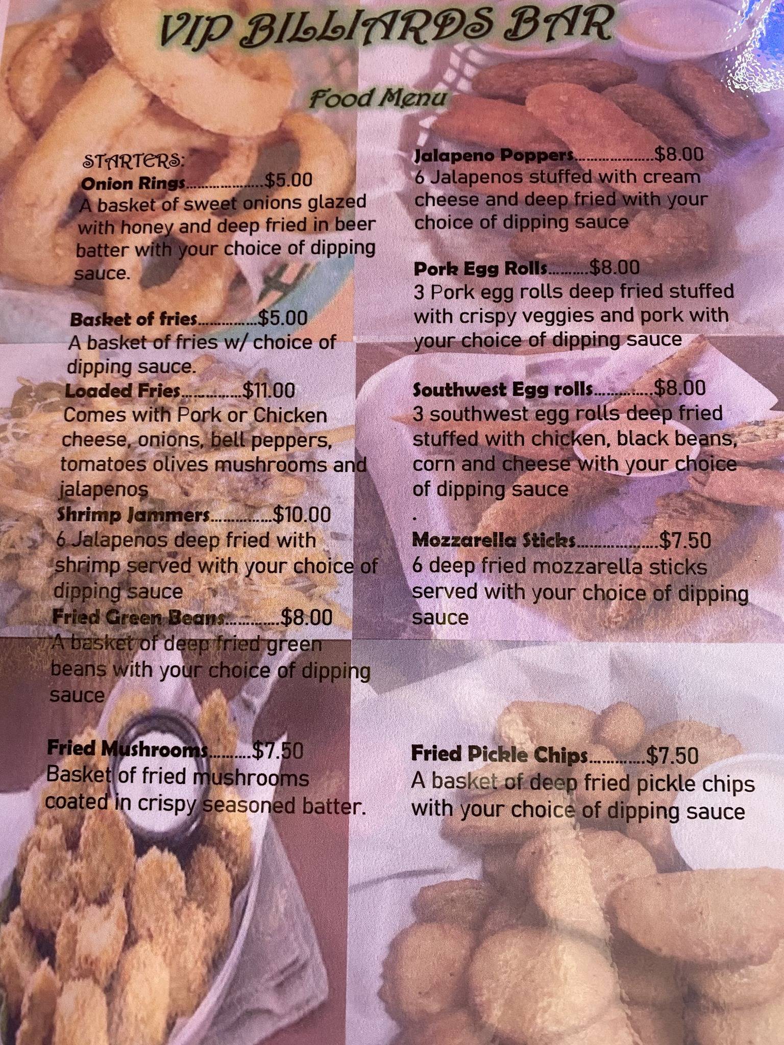 Menu at VIP Billiards Sports Bar, Hot Springs