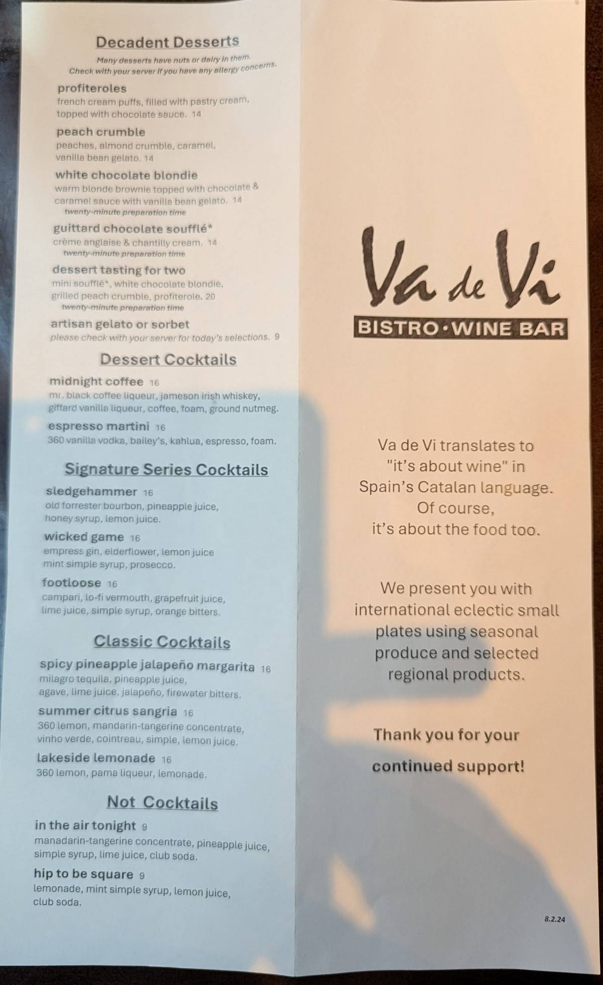 Menu at Va de Vi Bistro & Wine Bar, Walnut Creek