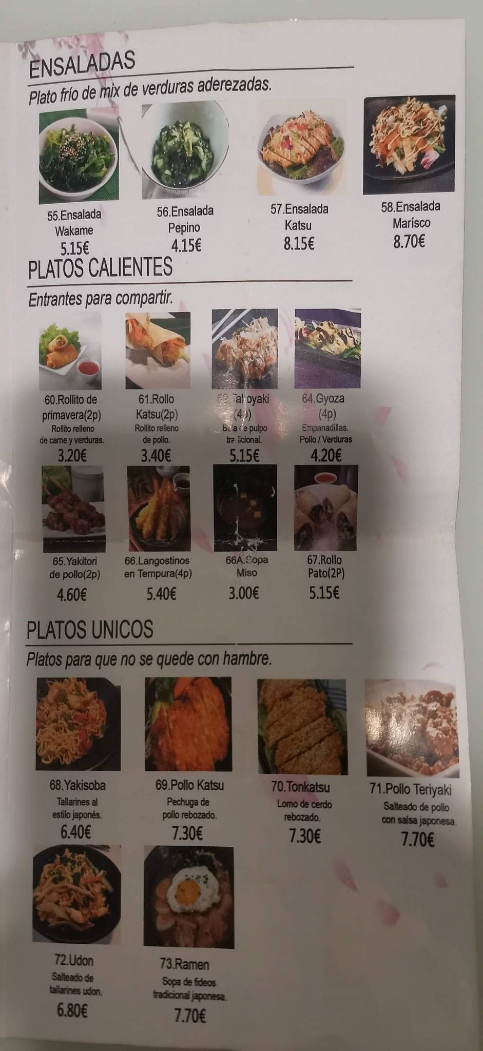 Carta del restaurante Sushi Naruto, Valencia