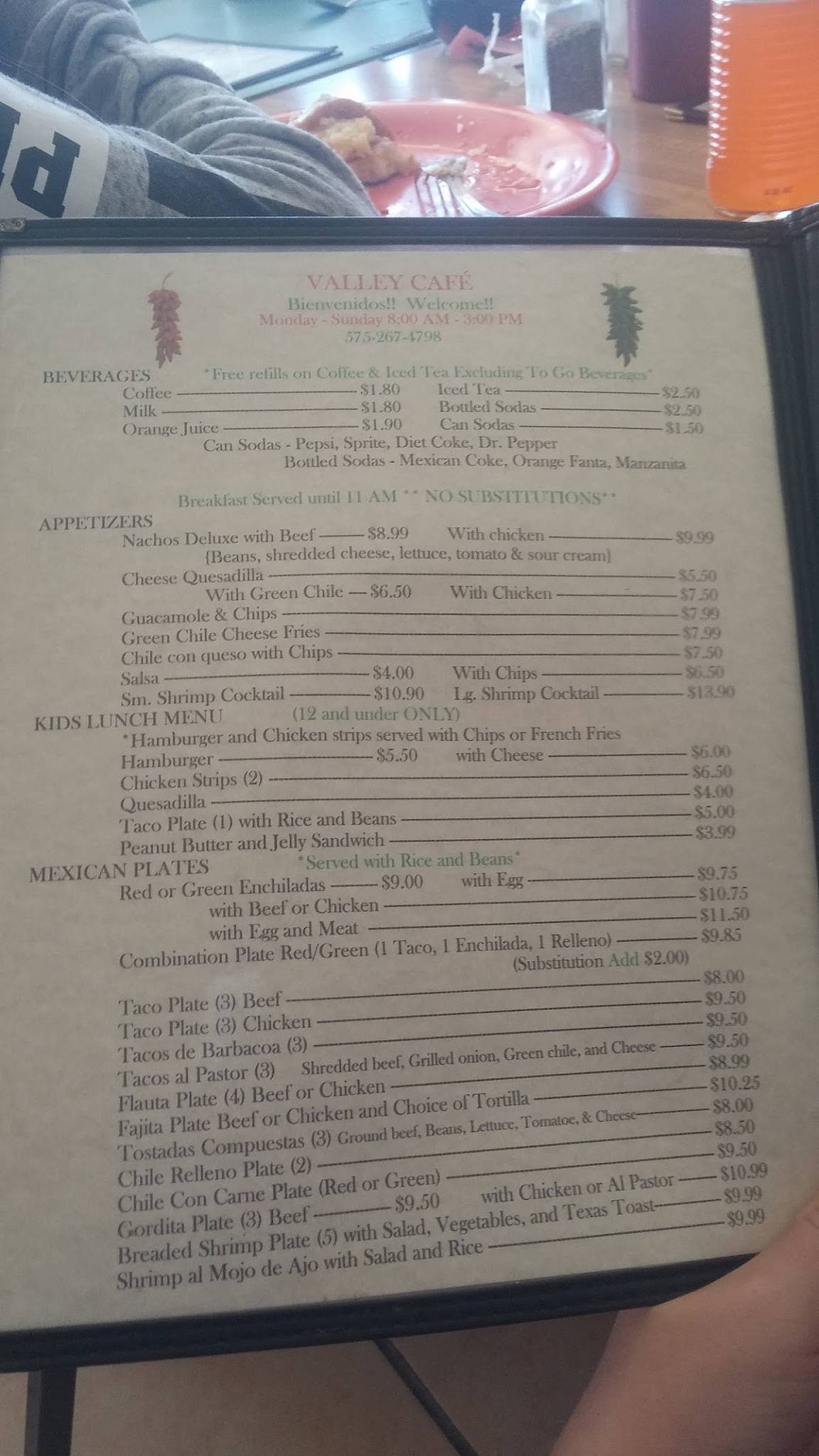 Menu at Valley Cafe, Hatch