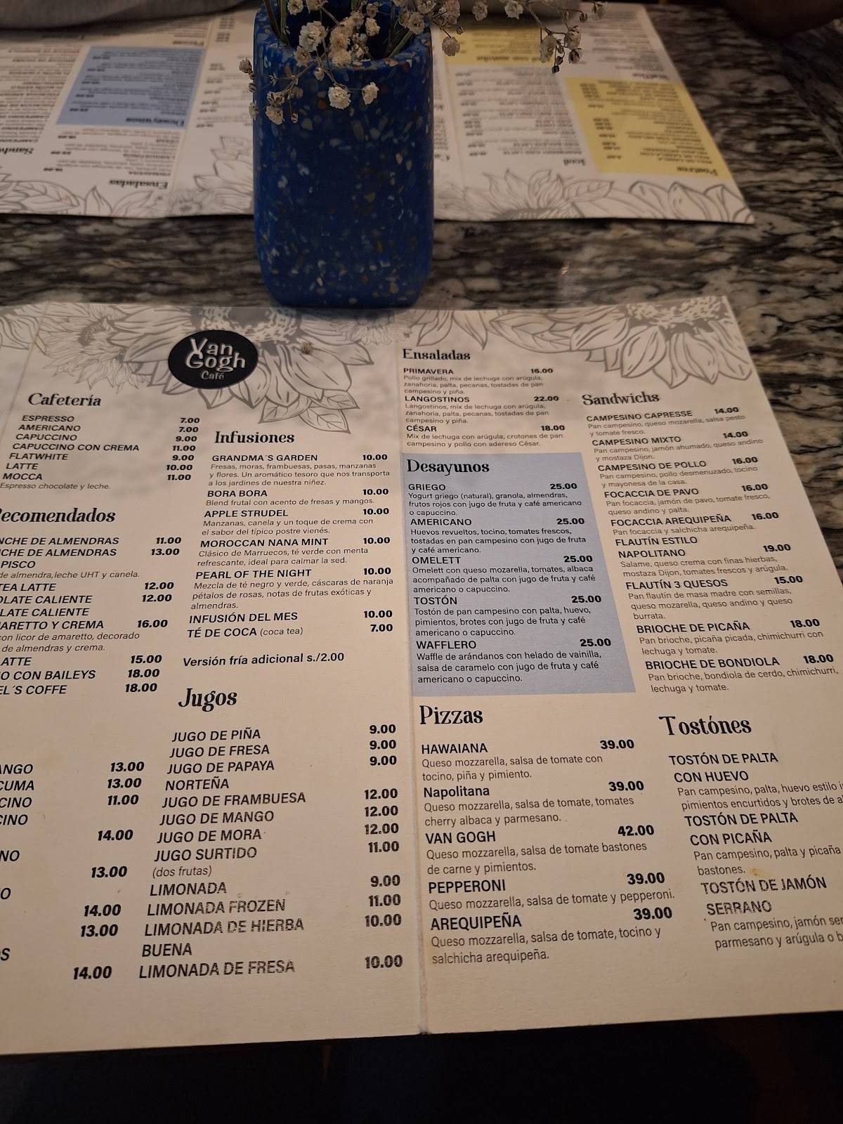 Menu at Van Gogh Cafe, Arequipa