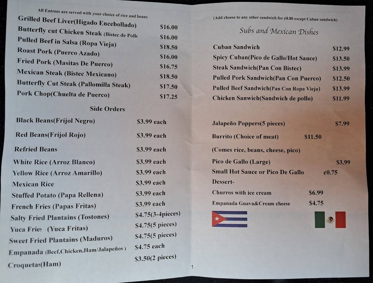 Menu at Vargas Cafe, Cape Canaveral