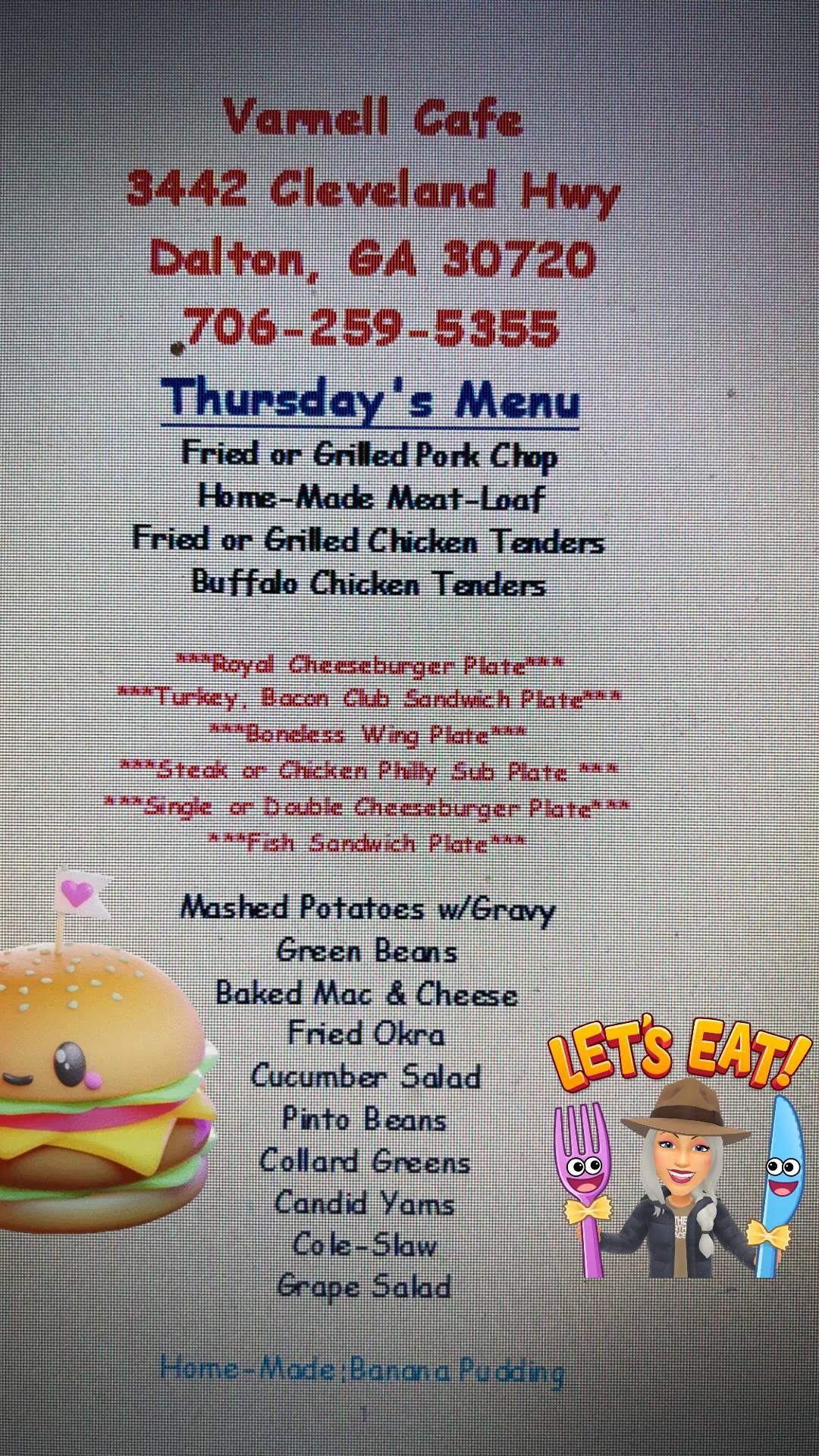 Menu at Varnell Cafe, Dalton, Cleveland Hwy