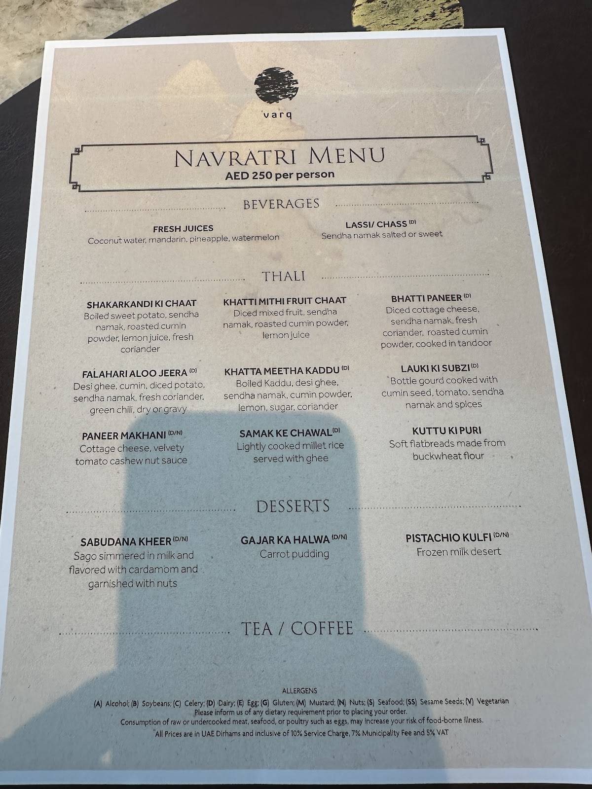 Menu at Varq restaurant, Dubai