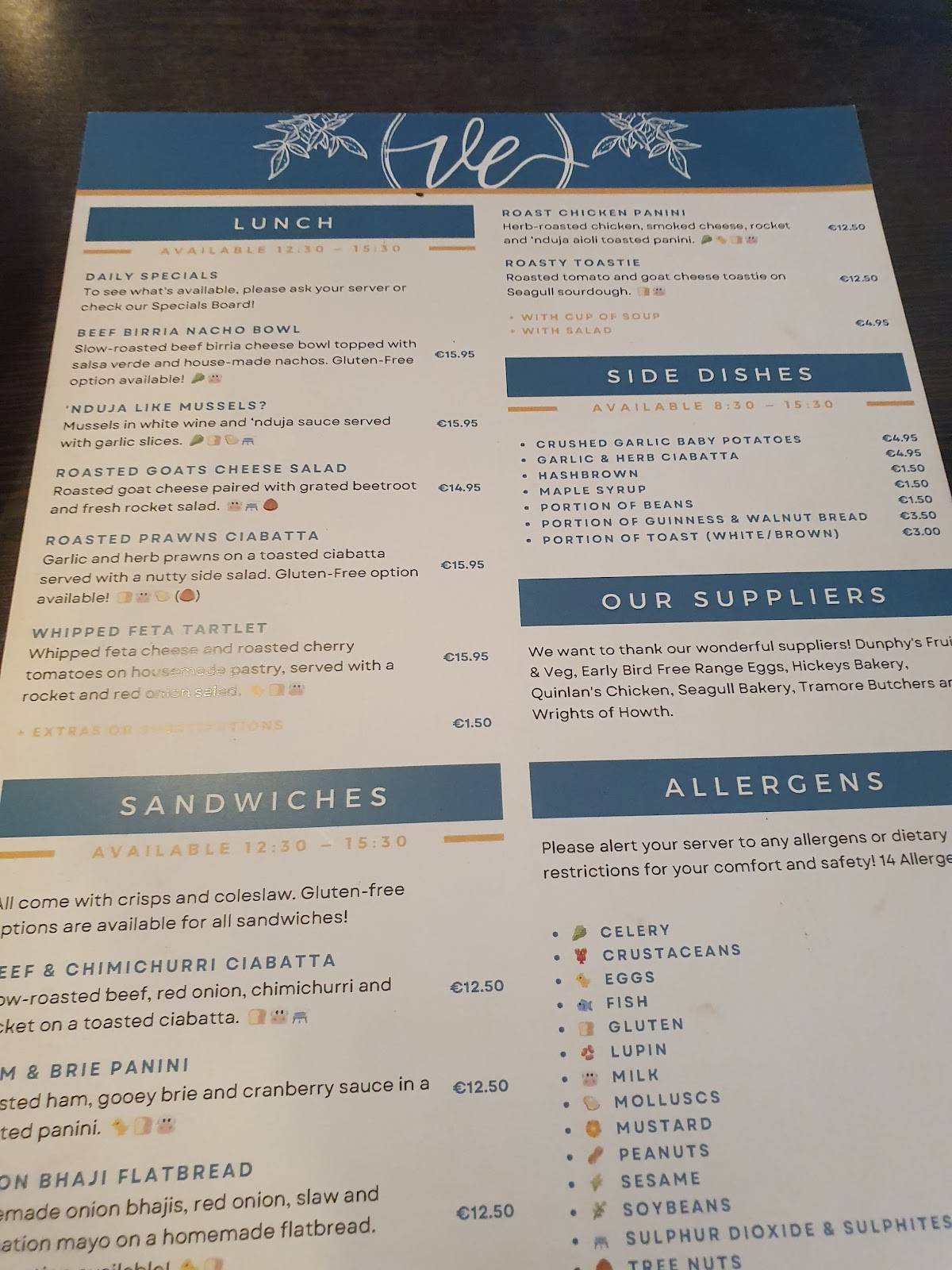 Menu at Vee Café cafe, Tramore, 1 Lower Main Street
