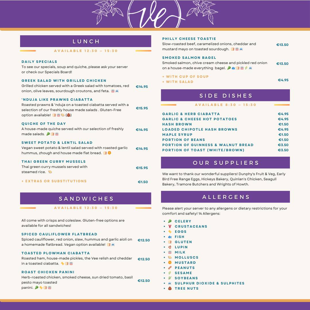 Menu at Vee Café cafe, Tramore, 1 Lower Main Street
